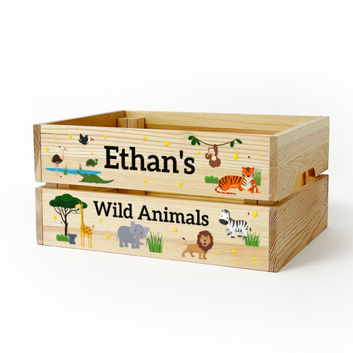 Personalised Kids Toy Wild Safari Animals Wooden Storage Toy Box Crate ...
