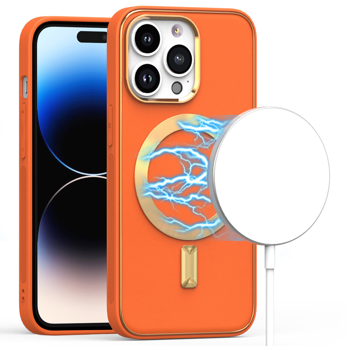 MagSafe Compatible Leather Hybrid Case for iPhone 14 Pro Max - Orange - HD Accessory