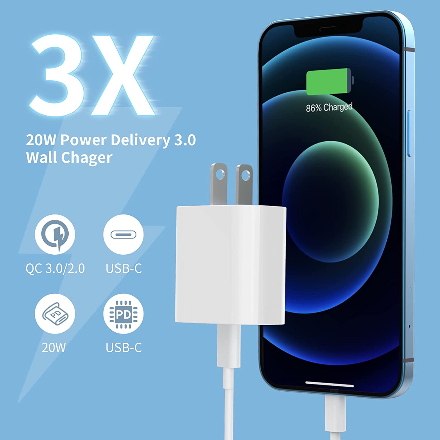 20W USB-C PD 3.0 Power Delivery Wall Charger with USB-C to USB-C Cable ...