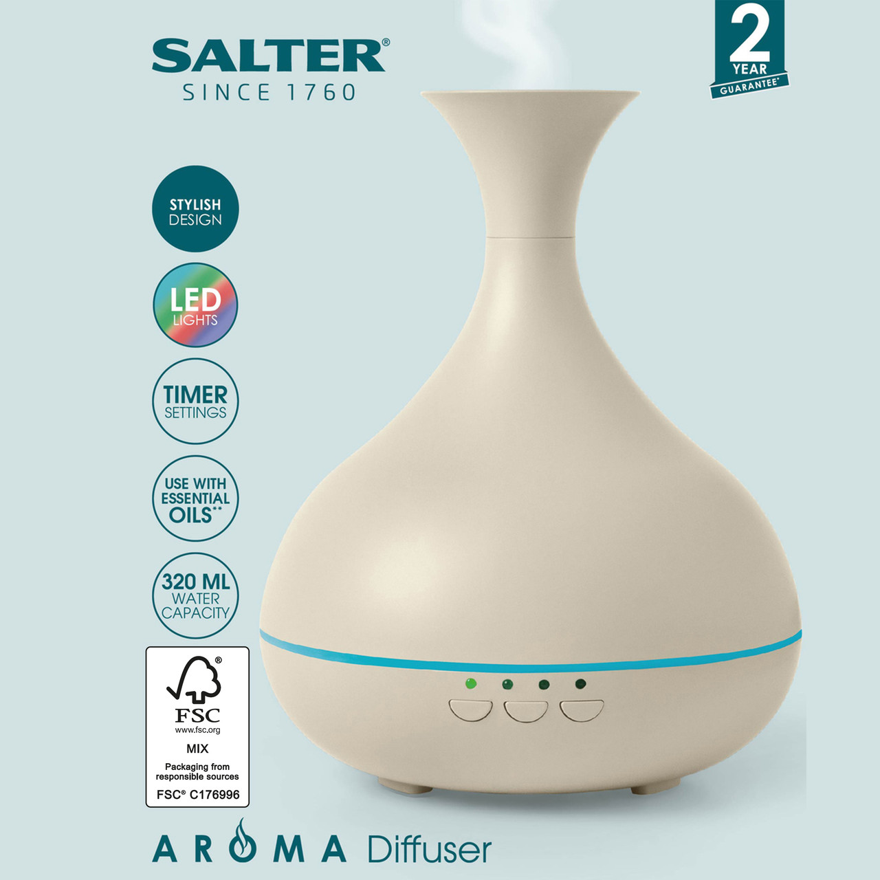 Vase Aroma Essential Oil Mist Diffuser, Neutral - Salter