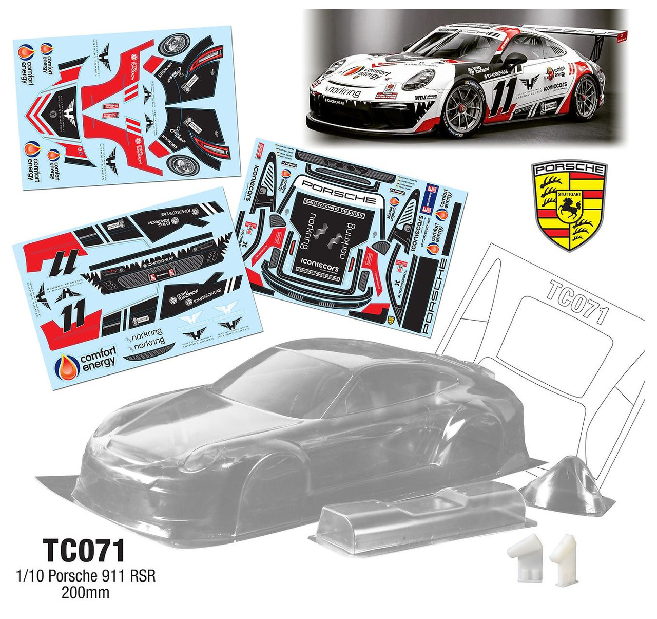 Team C Racing TC071 1/10 Porsche 911 RSR Wide 200mm Body Set