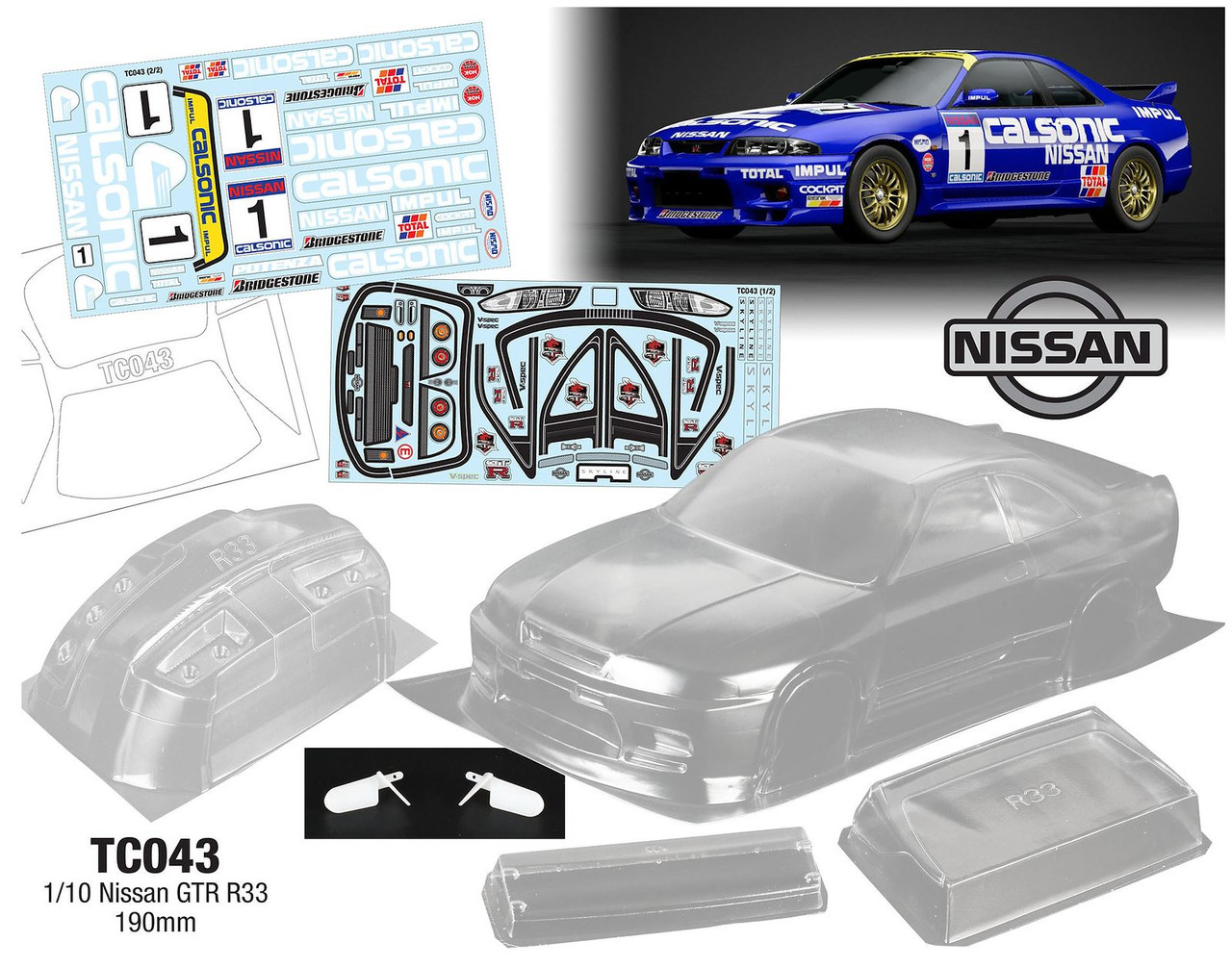 Team C Racing TC043-C 1/10 Nissan GTR R33 190mm Calsonic Body Set