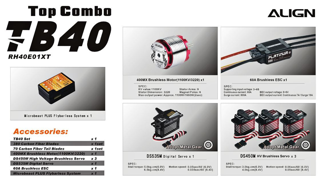 Align RH40E01X T-Rex TB40 Top Combo w/Motor/ESC/Servos/Blades