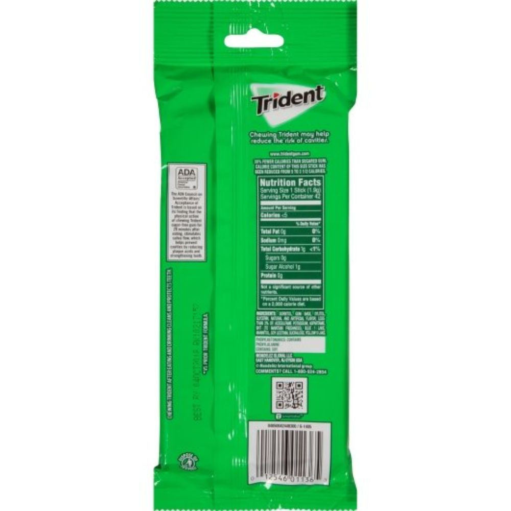 Trident Spearmint Sugar Free Gum, 42 Count, 20 Packs Per Case
