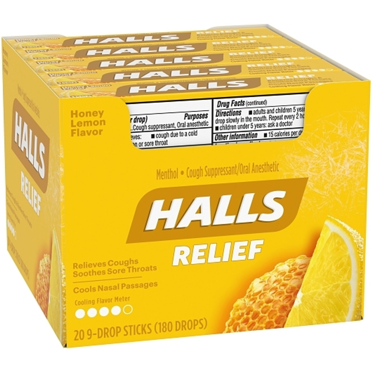 Halls Stick Honey Lemon Cough Drops, 9 Count, 20 Per Box, 24 Per Case