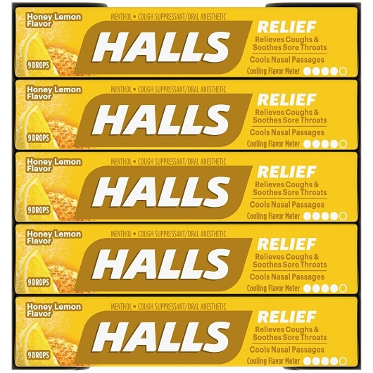 Halls Stick Honey Lemon Cough Drops, 9 Count, 20 Per Box, 24 Per Case