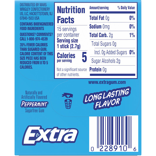 Extra Single Serve Peppermint Gum, 15 Piece, 10 Per Box, 12 Per Case