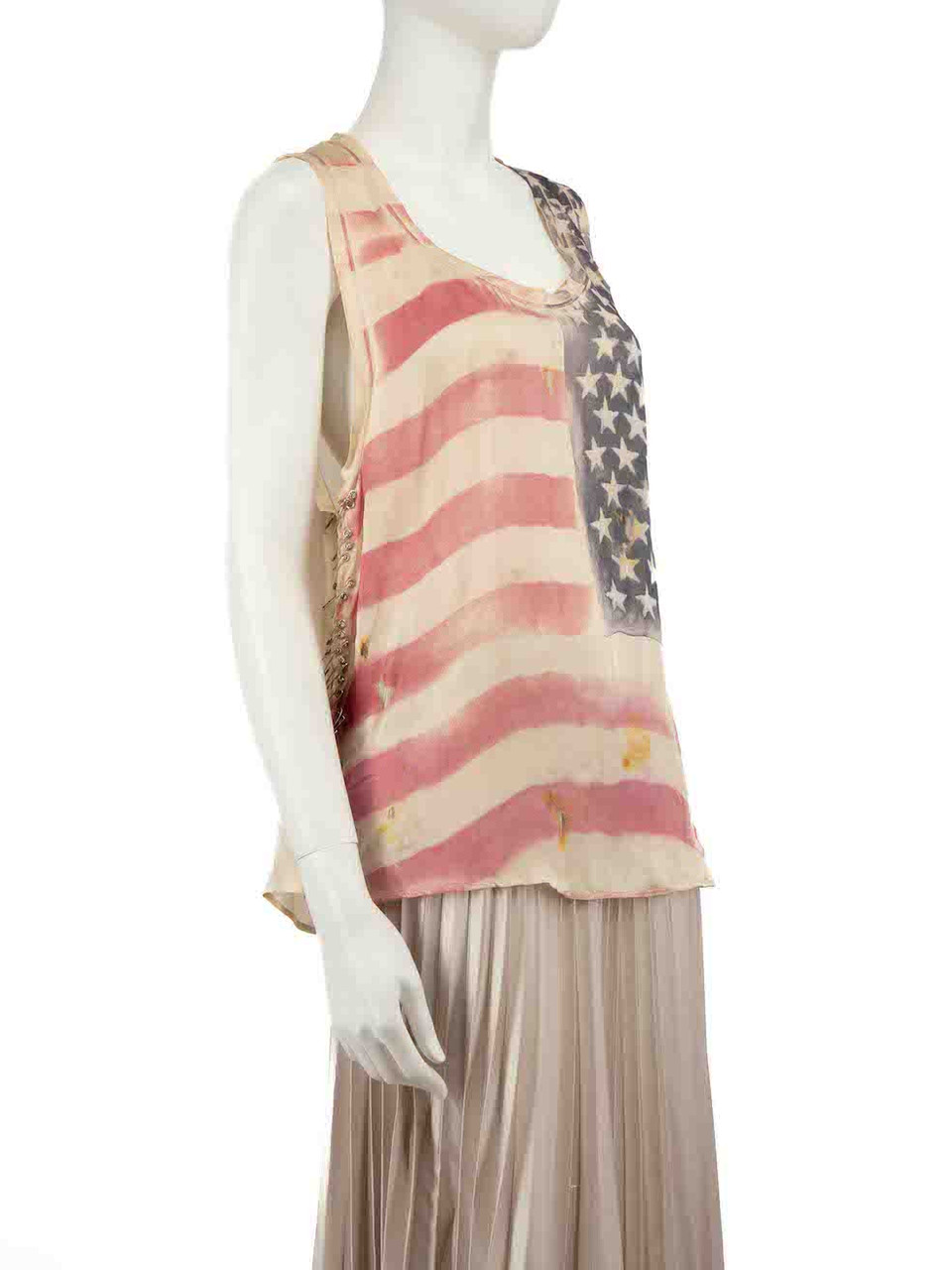 Used Balmain Beige Safety Pin Distressed Flag Tank Top | CSD