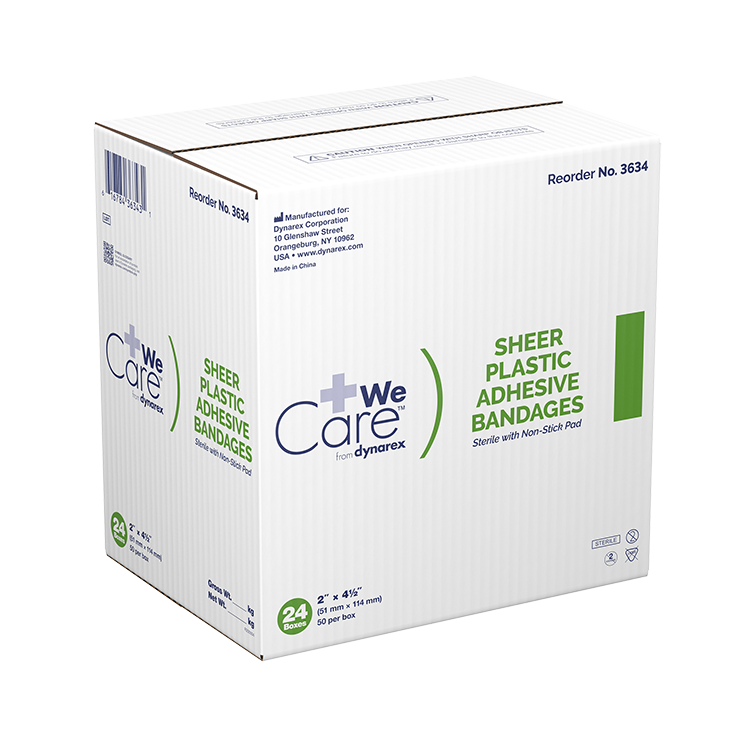 Sheer Plastic Adhesive Bandages, Sterile, 2" x 4 1/2", box/50, case/24