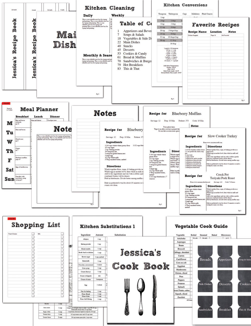 White Chalkboard 32 page editable recipe binder template printable PDF