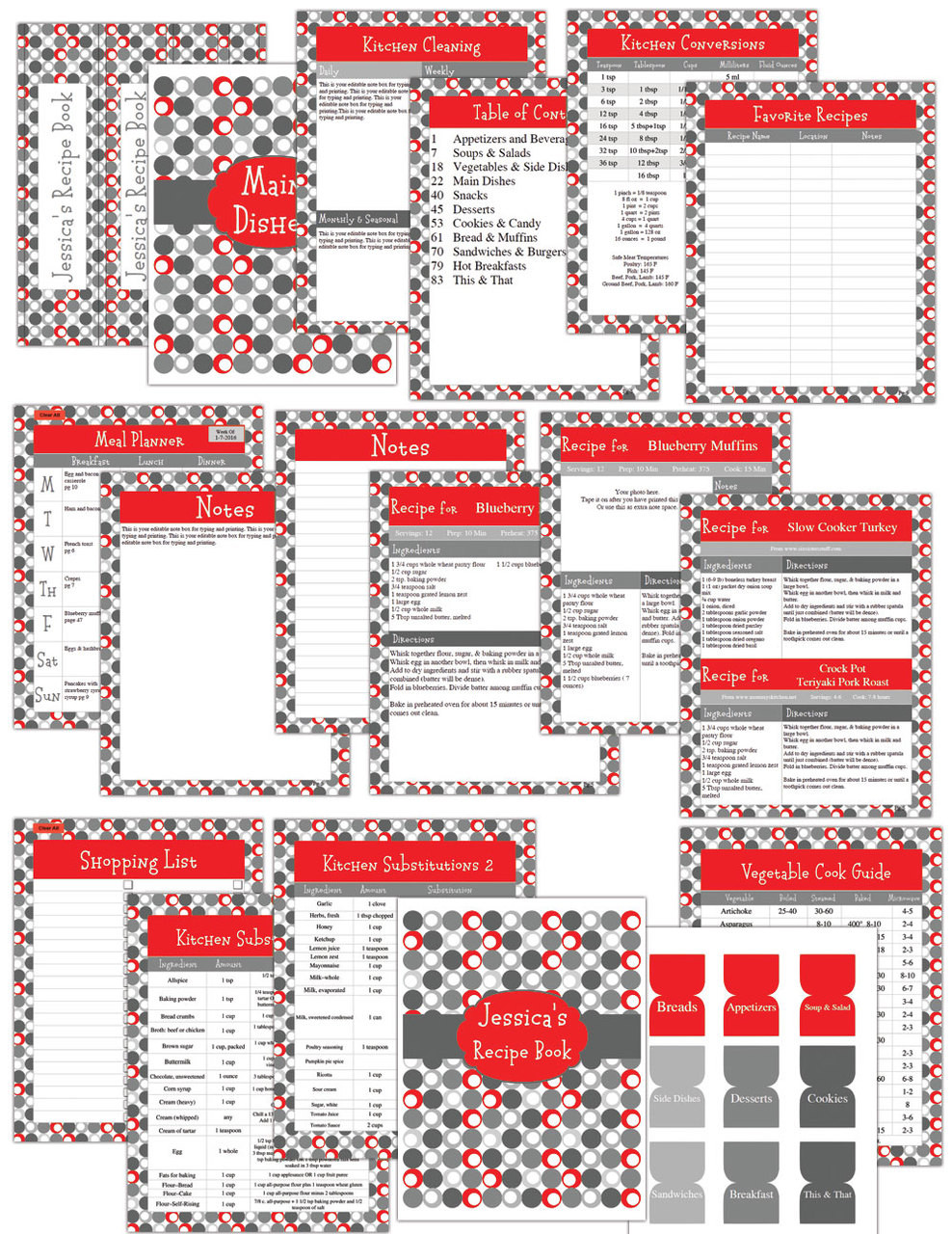 Retro Red Printable Recipe Book Template Editable PDF
