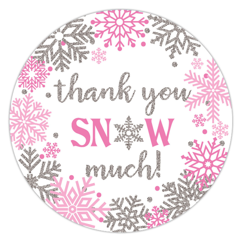 Thank you snow much stickers 1.9" round pink and silver snowflake labels