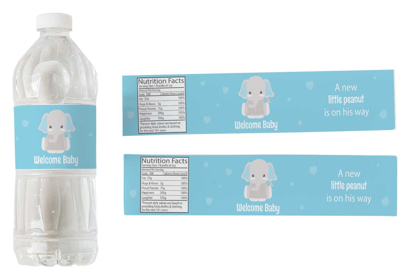 Blue elephant water bottle labels Baby shower boy decor