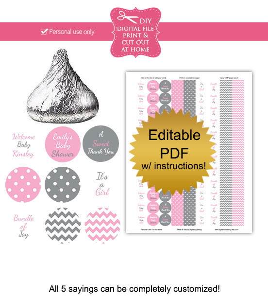 Pink & gray printable baby shower candy stickers editable PDF