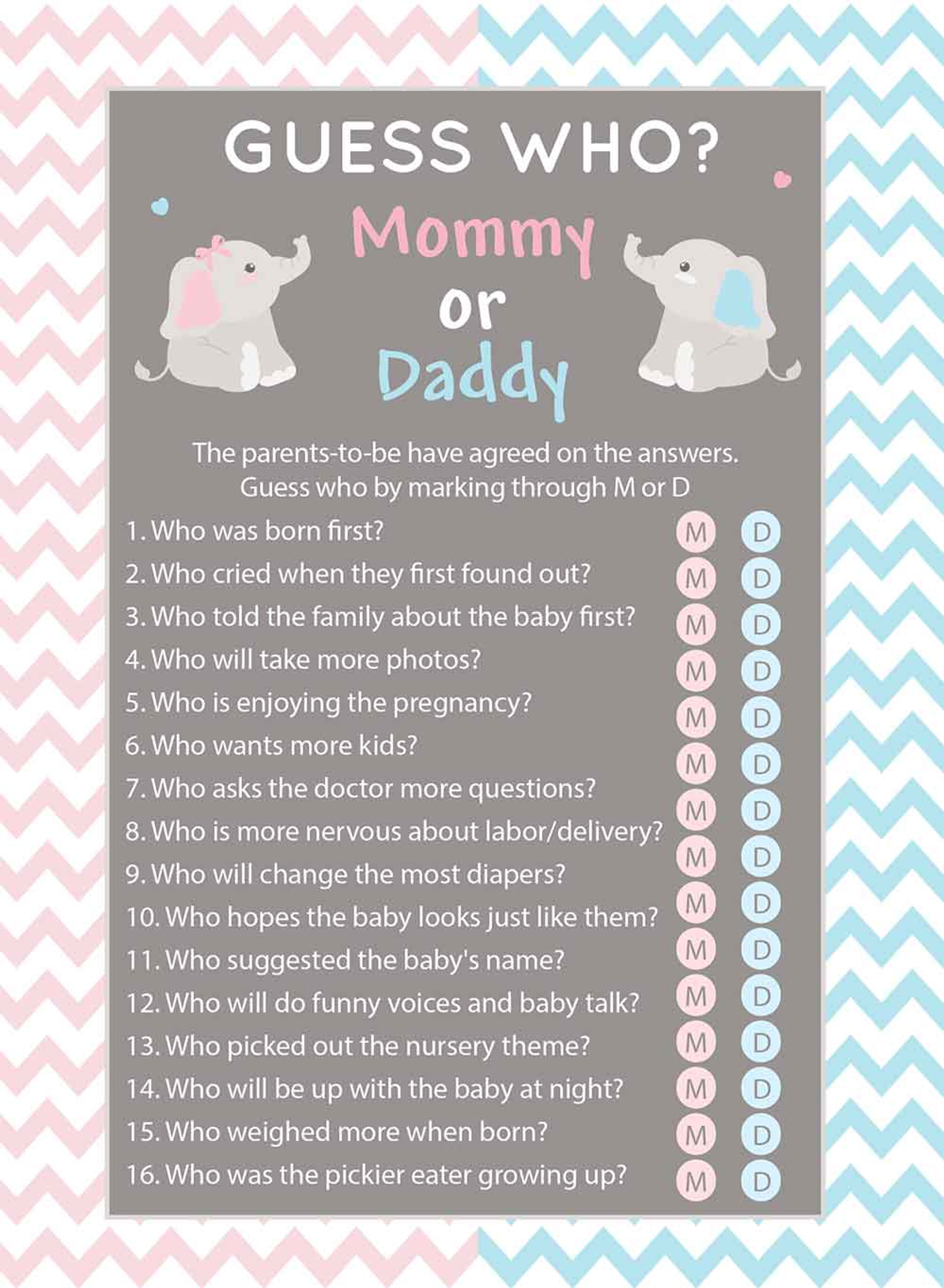 Mommy Or Daddy Baby Shower Game 5x7 Inches Set Of 25 Gray Elephant mommy-or-daddy-baby-shower-game-5x7-inches-set-of-25-gray-elephant