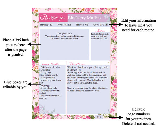 Pink Rose Printable Recipe Book Template Editable PDF