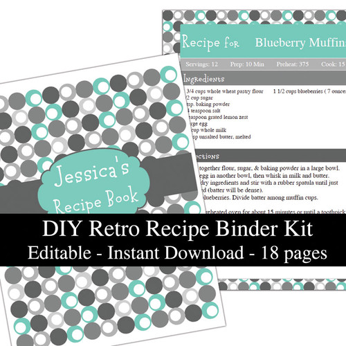 Retro Turquoise Printable Recipe Book Template Editable PDF