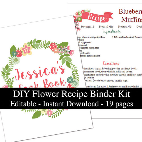 Flower Printable Recipe Book Template Editable PDF