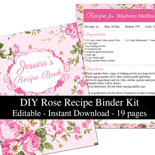 Pink Rose Printable Recipe Book Template Editable PDF