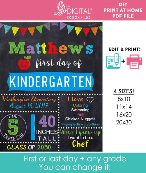 Boys first day of school sign editable printable chalkboard poster 16x20