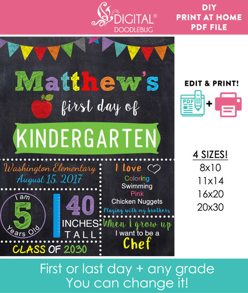 Boy green first day of school sign editable printable chalkboard poster ...