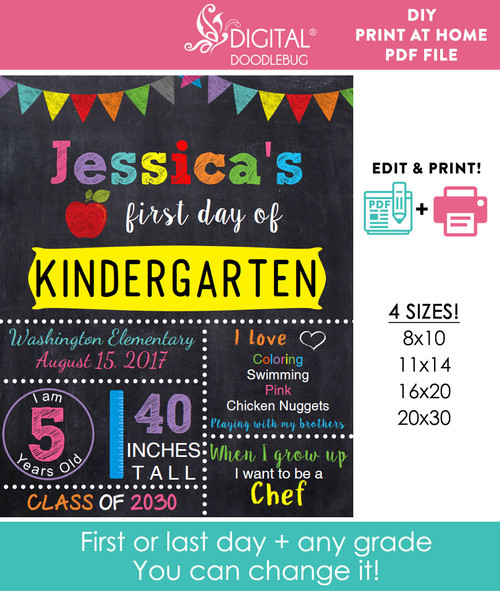 Yelllow first day of school sign editable printable chalkboard poster 16x20