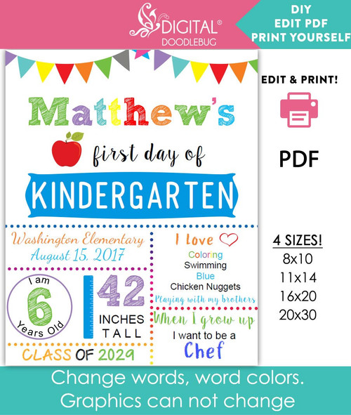 Editable boys first day of school sign printable white poster 16x20