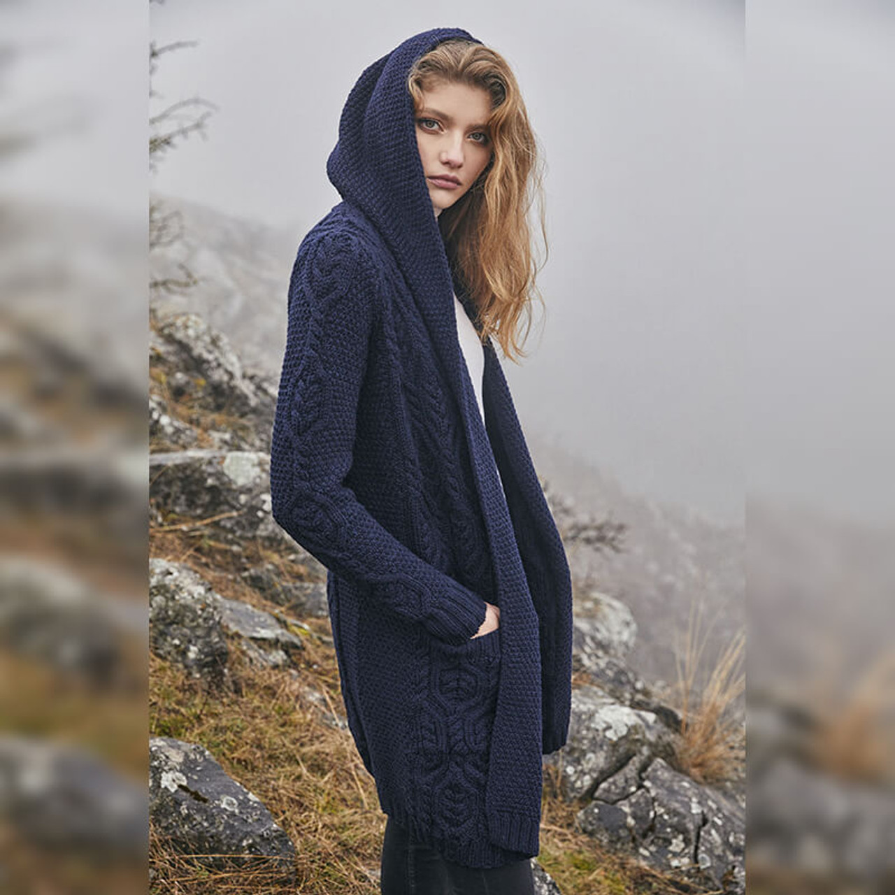 Hooded Long Aran Knit Cardigan | 100% Merino Wool