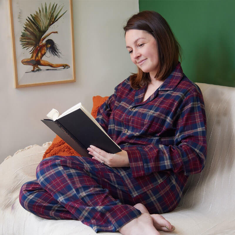Ladies Cotton Flannel Tartan Pajamas – Maroon/ Navy | Made in Scotland