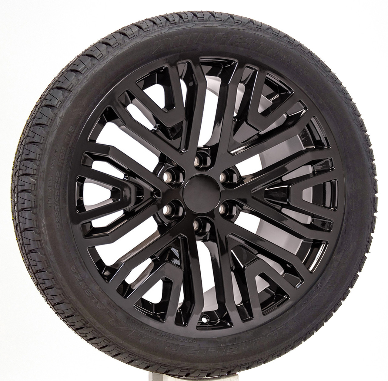Chevy Six Split Spoke Gloss Black 22 Wheels With Bridgestone Dueler