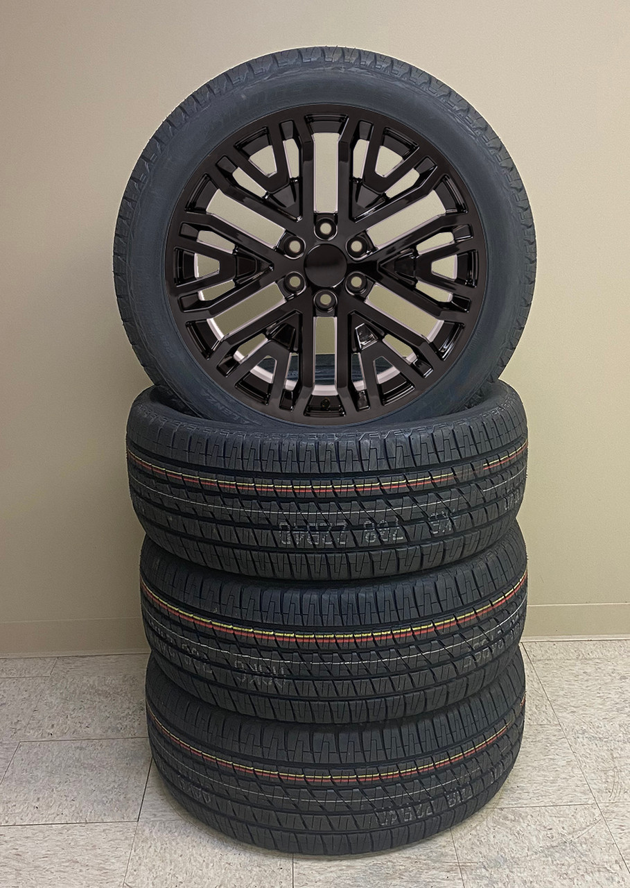 Chevy Six Split Spoke Gloss Black 22 Wheels With Bridgestone Dueler