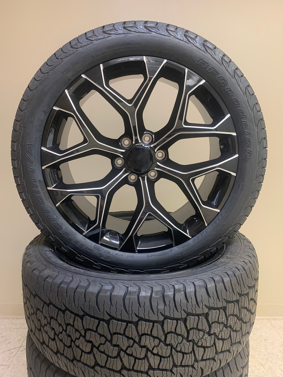 Chevy Gloss Black Milled Edge Snowflake 22 Wheels With Bfg Trail