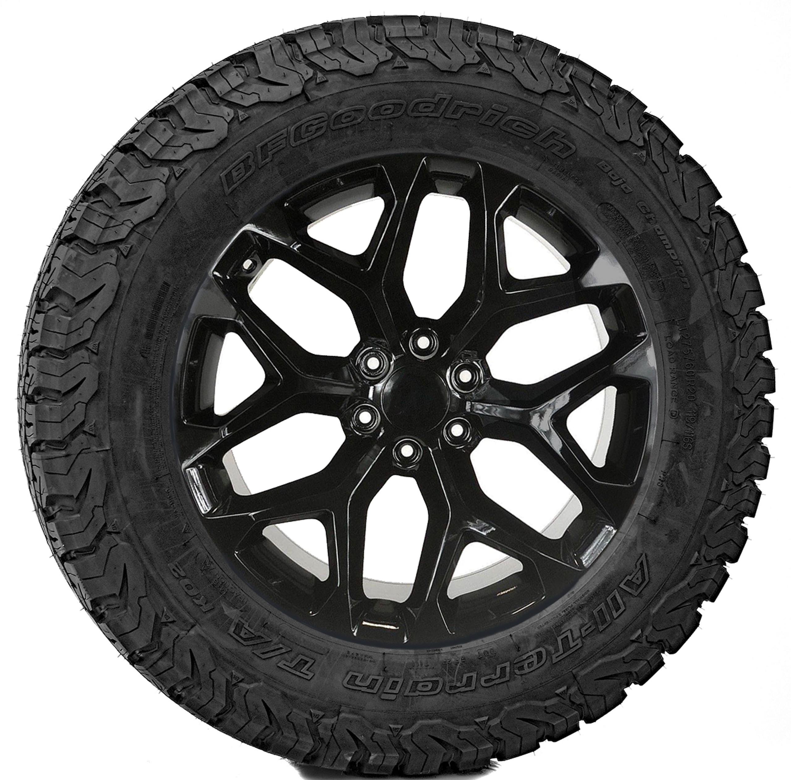 Chevy Style Snowflake Gloss Black 20" Wheels with BFG KO2 A/T Tires