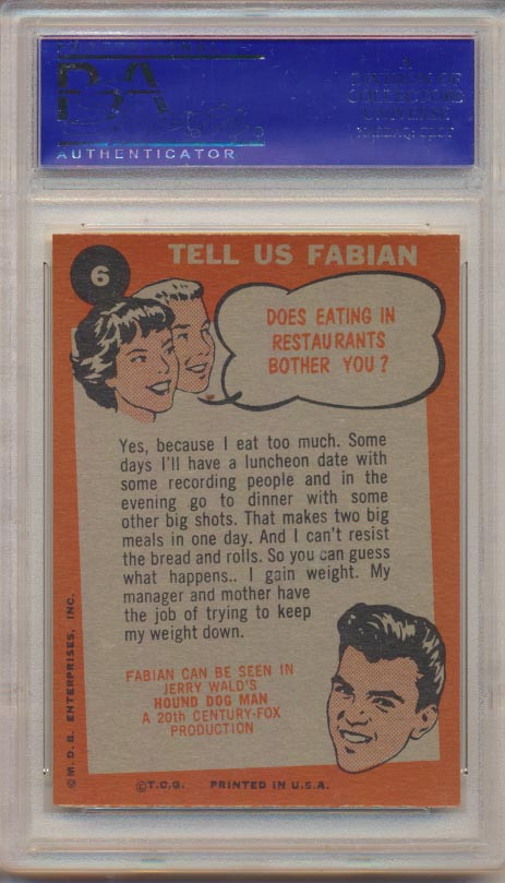 1959 Fabian #6 First Movie Roll PSA 7 NM #* - Scottsdale Cards