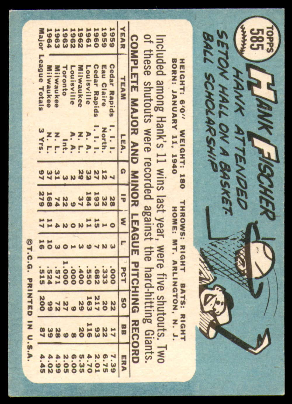 1965 Topps #585 Hank Fischer Excellent+ ID: 262621 - Scottsdale Cards 2021