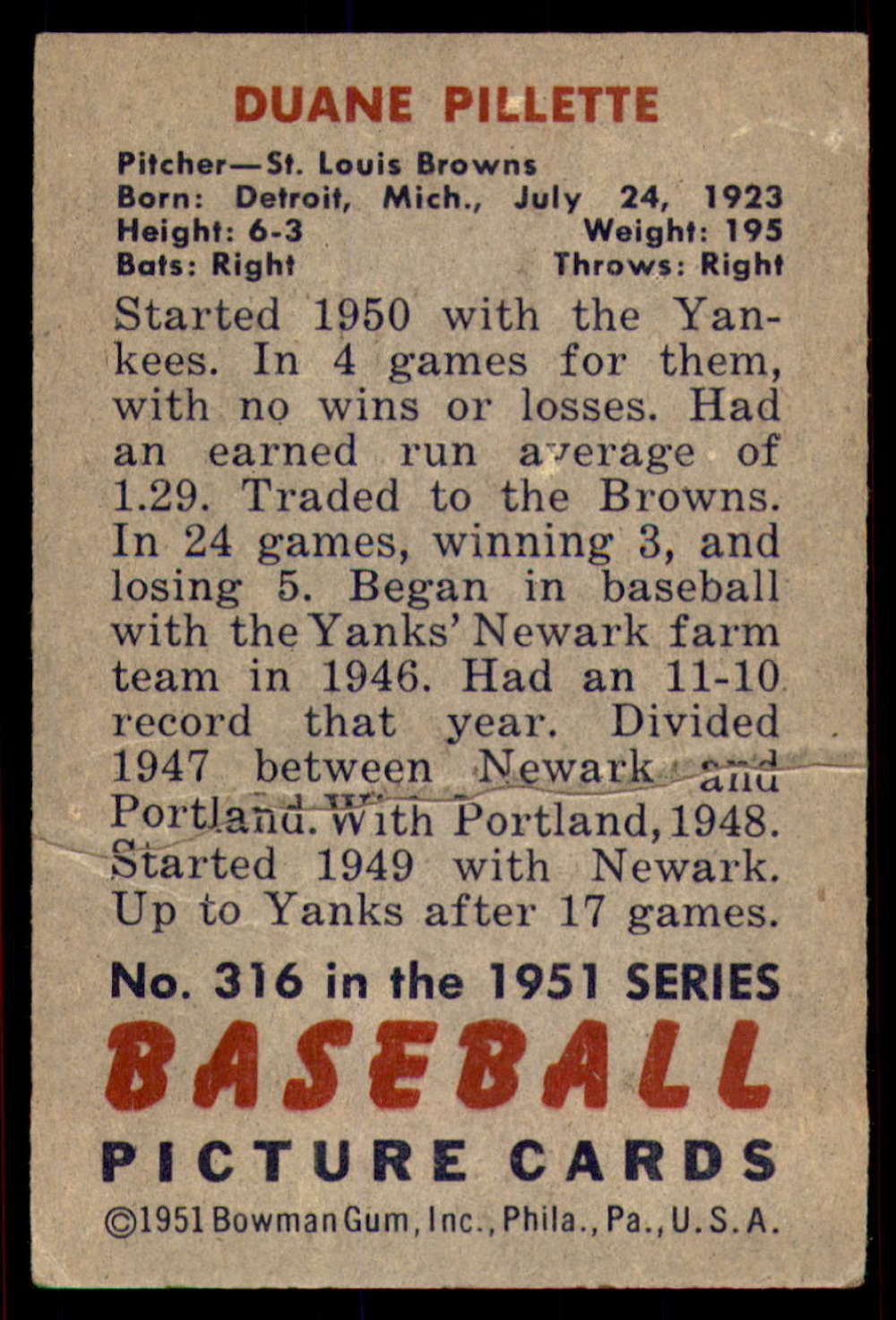 1951 Bowman #316 Duane Pillette G-VG RC Rookie High Number - Scottsdale ...