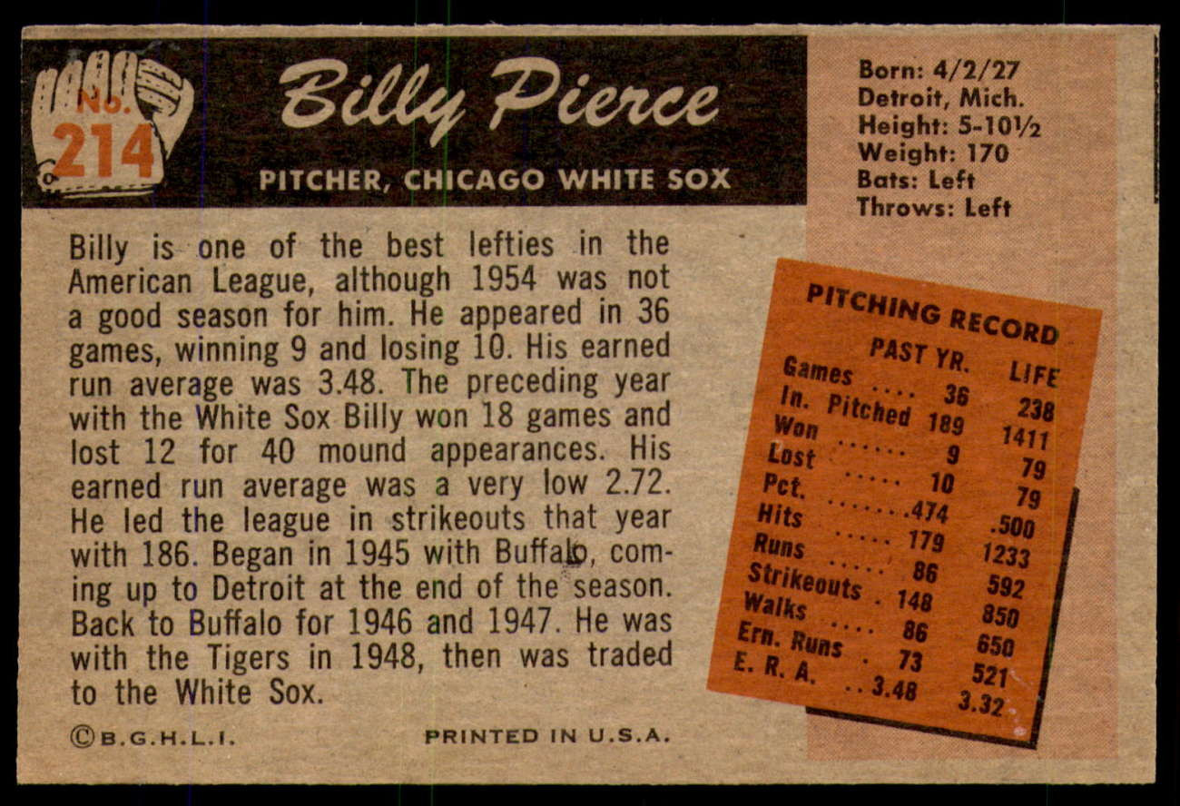 1955 Bowman #214 Billy Pierce Ex-Mint - Scottsdale Cards 2021