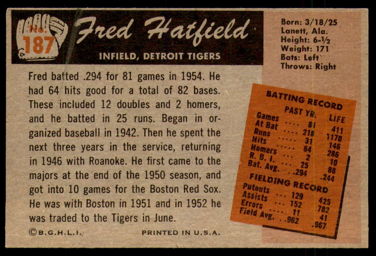1955 Bowman #187 Fred Hatfield Ex-Mint ID: 210810 - Scottsdale Cards 2021