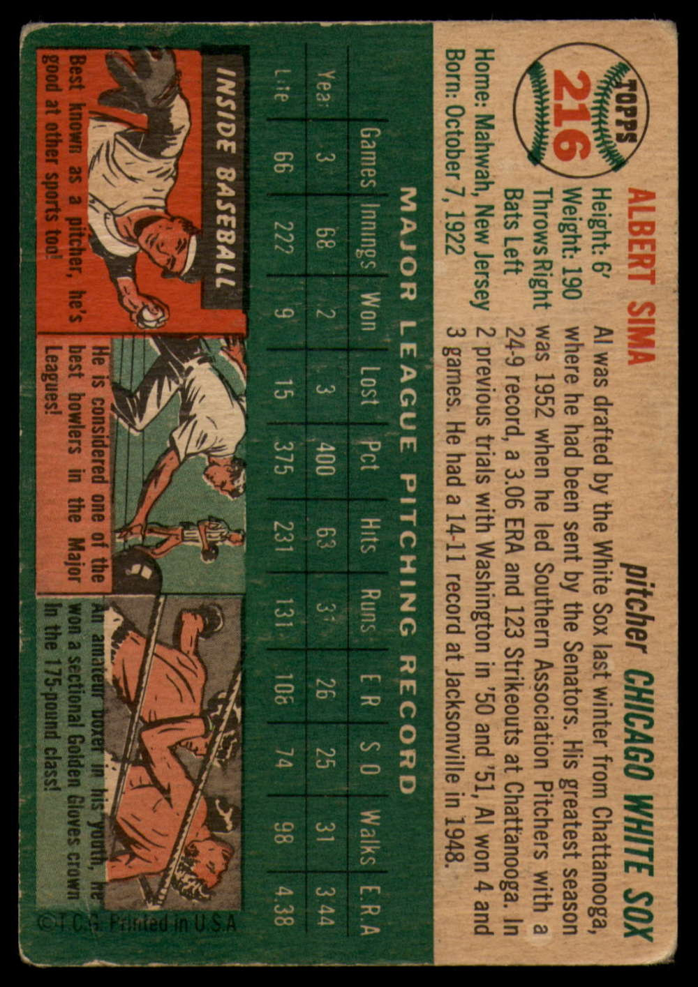 1954 Topps #216 Al Sima Very Good ID: 134473 - Scottsdale Cards 2021