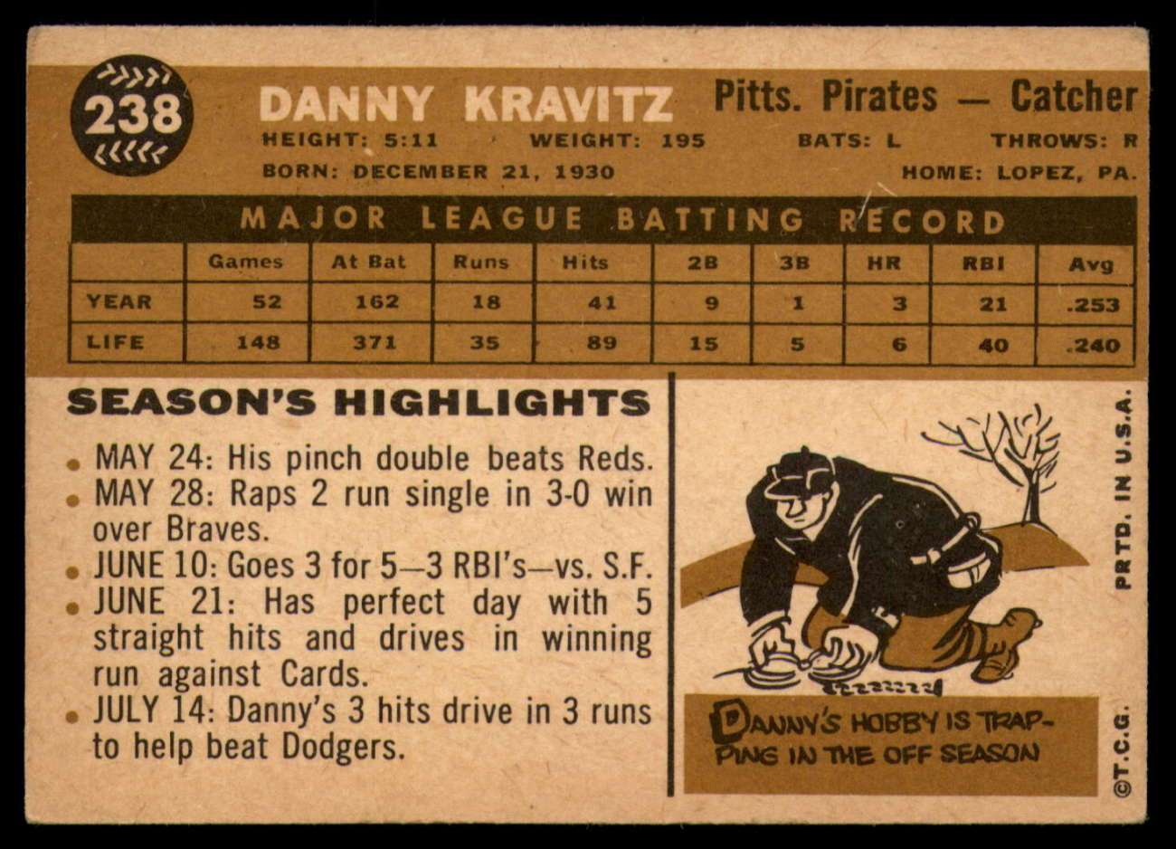 1960 Topps #238 Danny Kravitz Excellent+ ID: 168635 - Scottsdale Cards