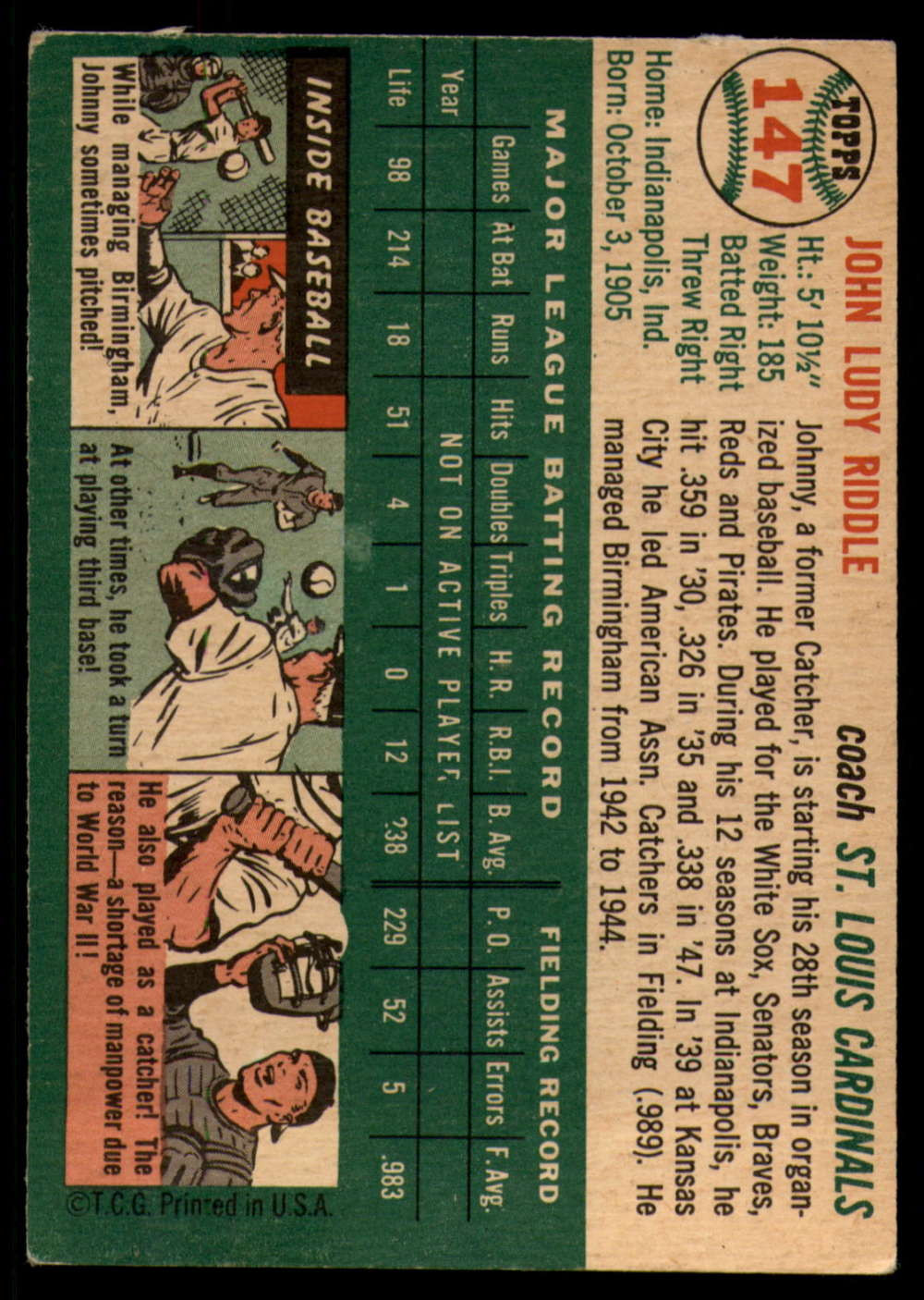 1954 Topps #147 Johnny Riddle CO Good ID: 137399 - Scottsdale Cards 2021