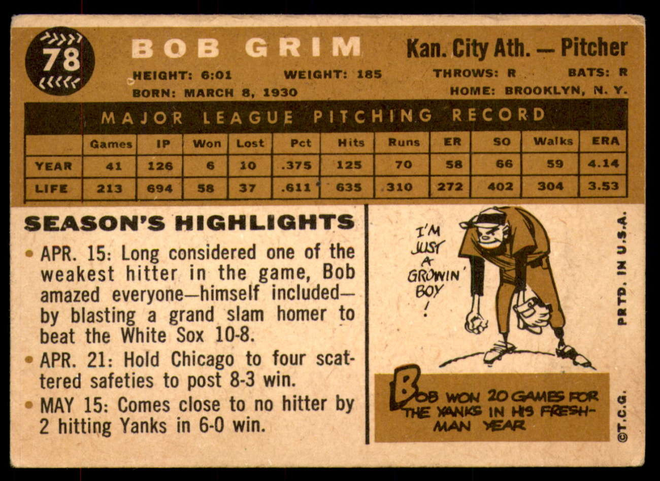 1960 Topps #78 Bob Grim Very Good ID: 195804 - Scottsdale Cards