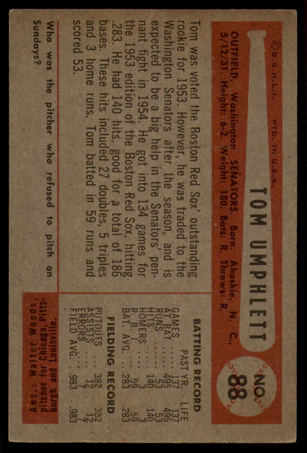 1954 Bowman #88 Tom Umphlett EX RC Rookie - Scottsdale Cards