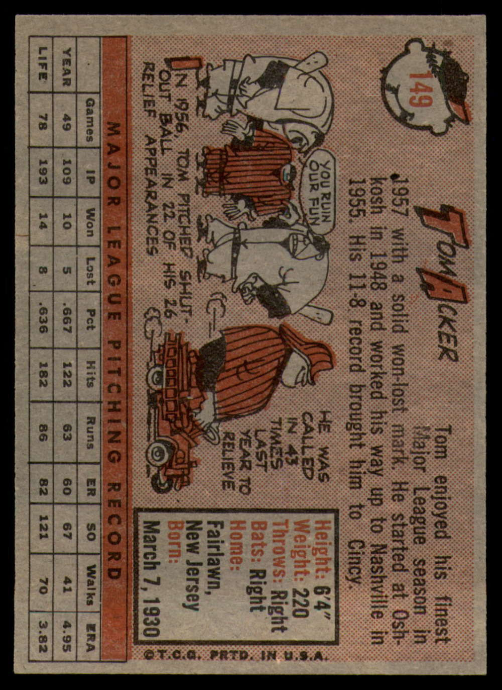 1958 Topps #149 Tom Acker EX++ ID: 63254 - Scottsdale Cards 2021