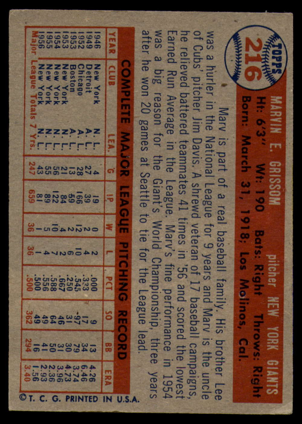 1957 Topps #216 Marv Grissom EX++ ID: 61209 - Scottsdale Cards