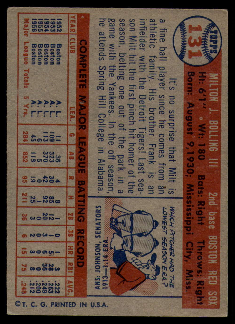 1957 Topps #131 Milt Bolling EX++ ID: 60498 - Scottsdale Cards 2021