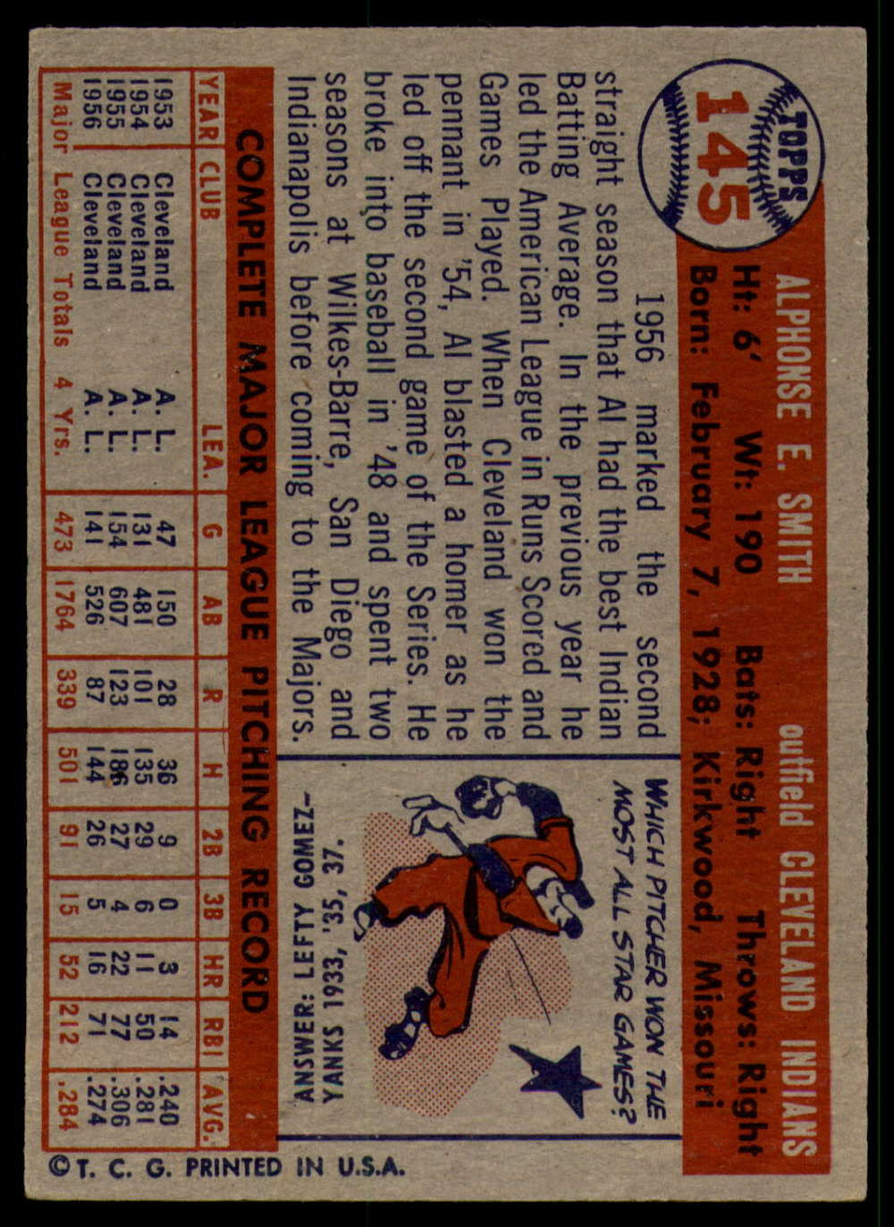 1957 Topps #145 Al Smith EX++ ID: 60646 - Scottsdale Cards
