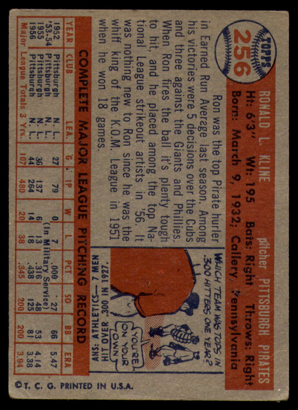 1957 Topps #256 Ron Kline VG - Scottsdale Cards 2021