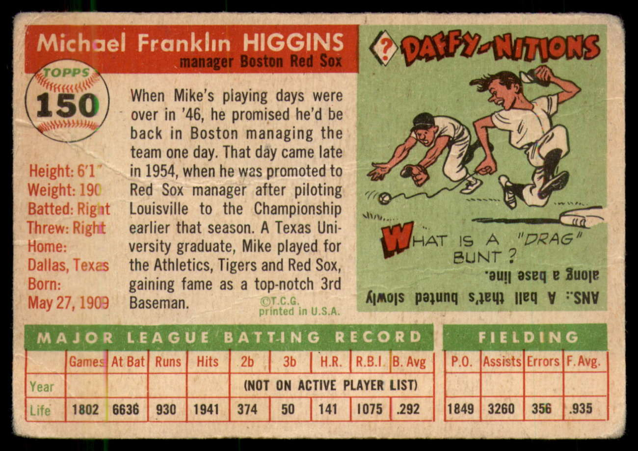 1955 Topps #150 Mike Higgins MG G - Scottsdale Cards 2021
