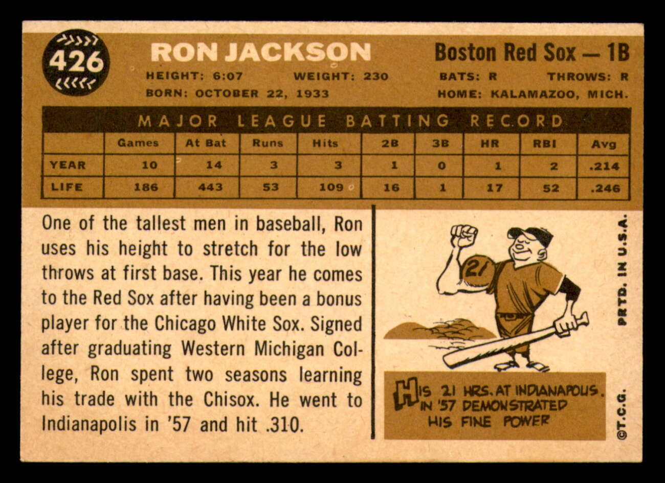 1960 Topps #426 Ron Jackson Ex-Mint Red Sox ID:315262 - Scottsdale ...